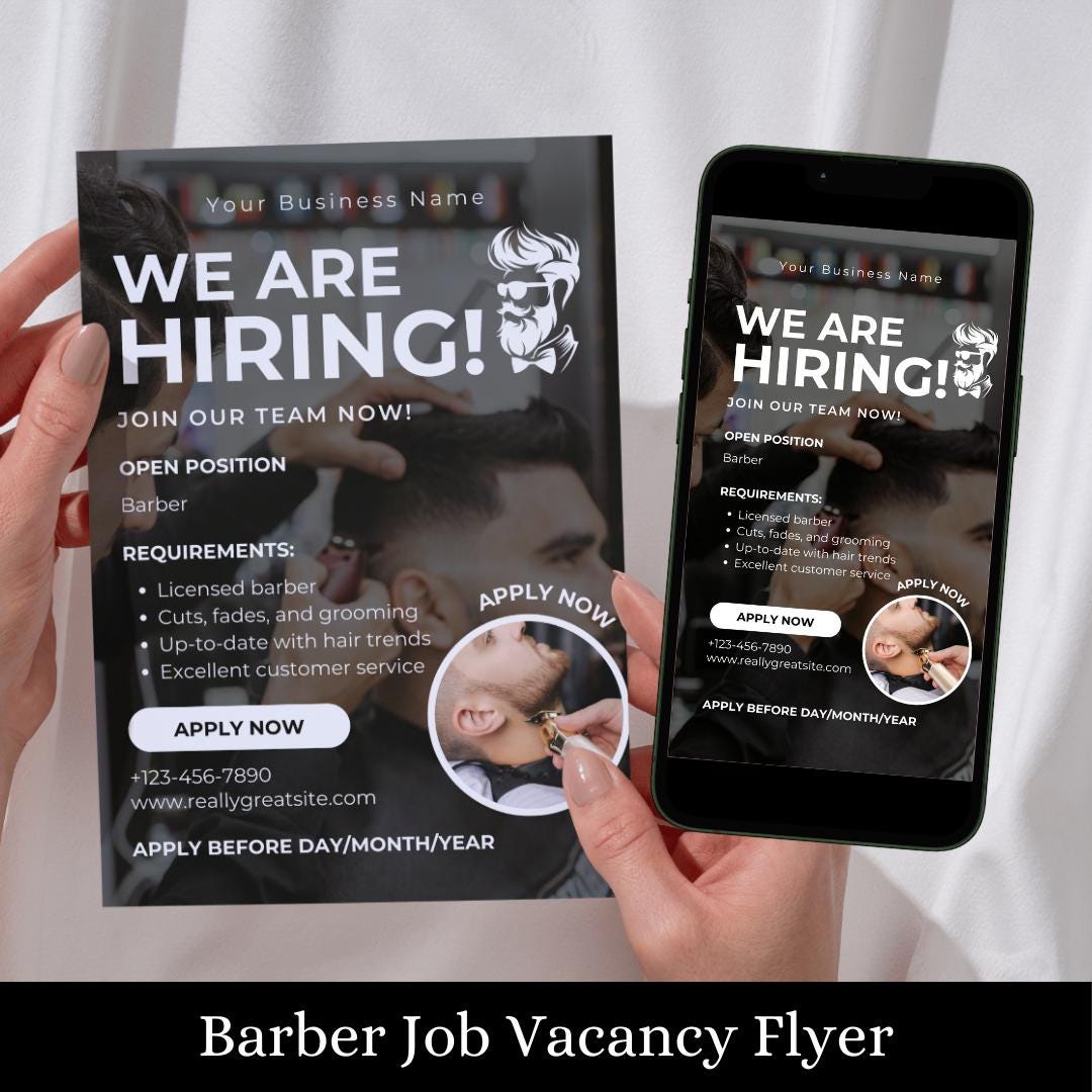 Barber We Are Hiring Printable Flyer Template Canva for Job Opening ...
