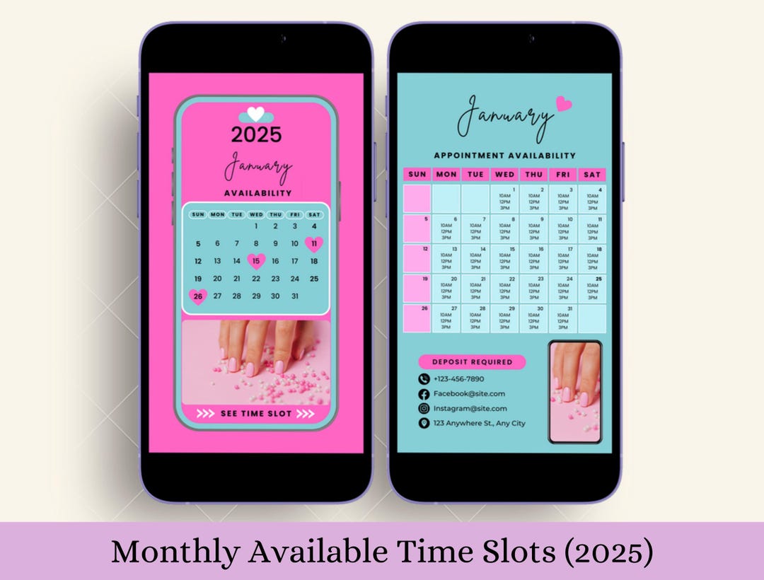 2025 Pink Monthly Time Slot Templates | Availability Calendar Canva ...