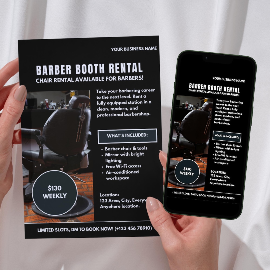 Barber Booth Rental Flyer Template Editable Canva Barber Chair Rental ...
