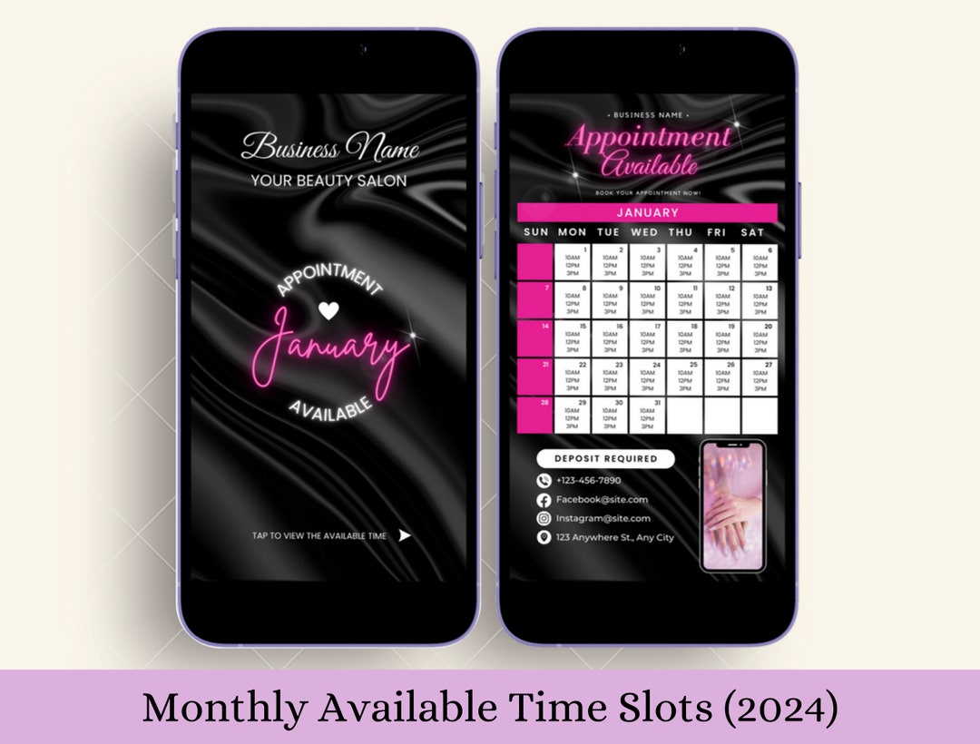 2024 Monthly Available Time Slot Pink Flyer Templates for Lash Nail ...