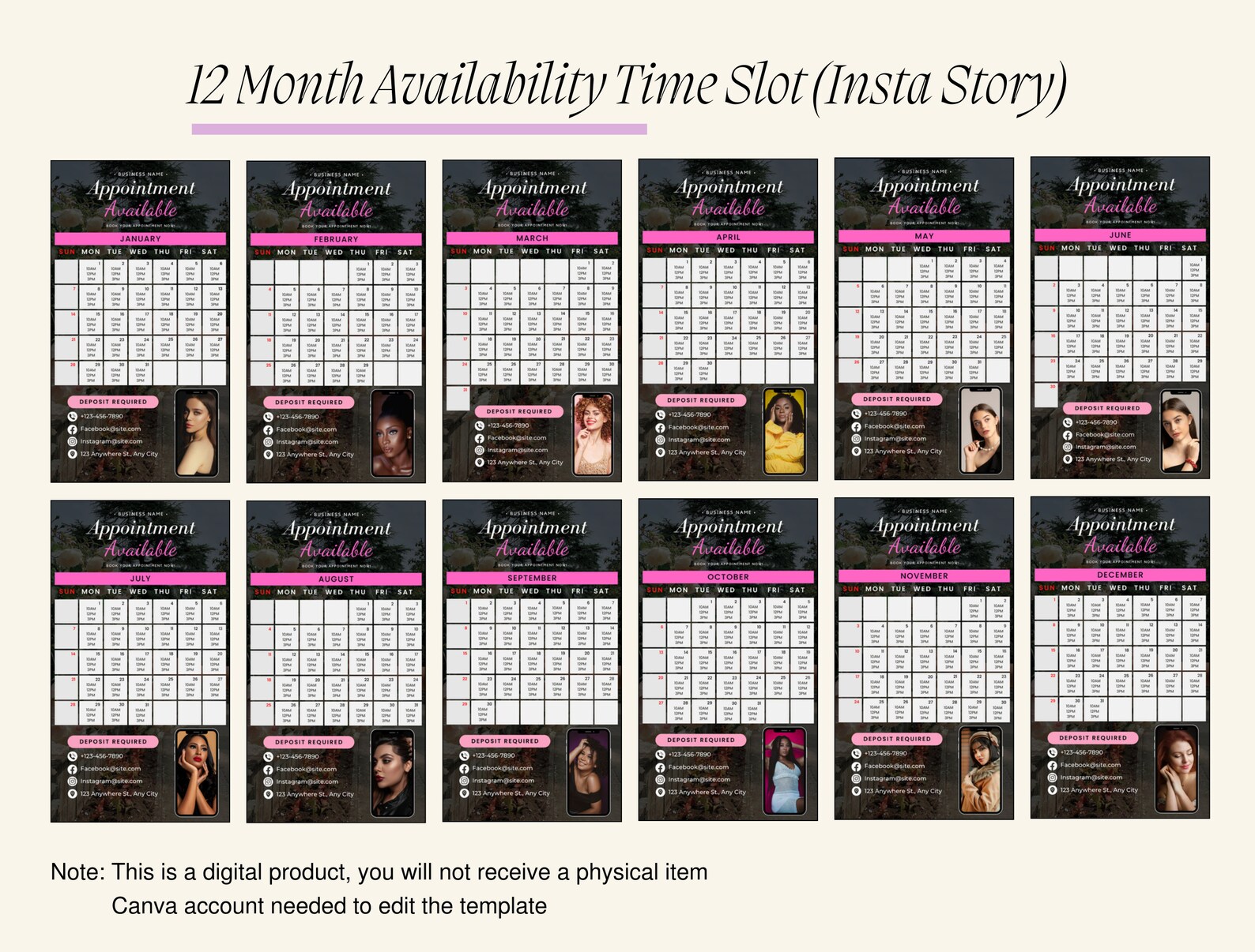2024 Monthly Available Time Slot Pink Flyer Templates for Lash Nail ...