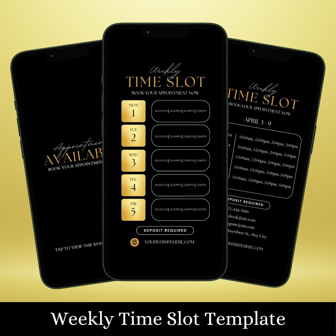 Weekly Available Time Slot Flyer Black Gold Template Canva, Social ...