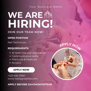 We Are Hiring Flyer Printable for Beautician Nail Tech Job Opening ...