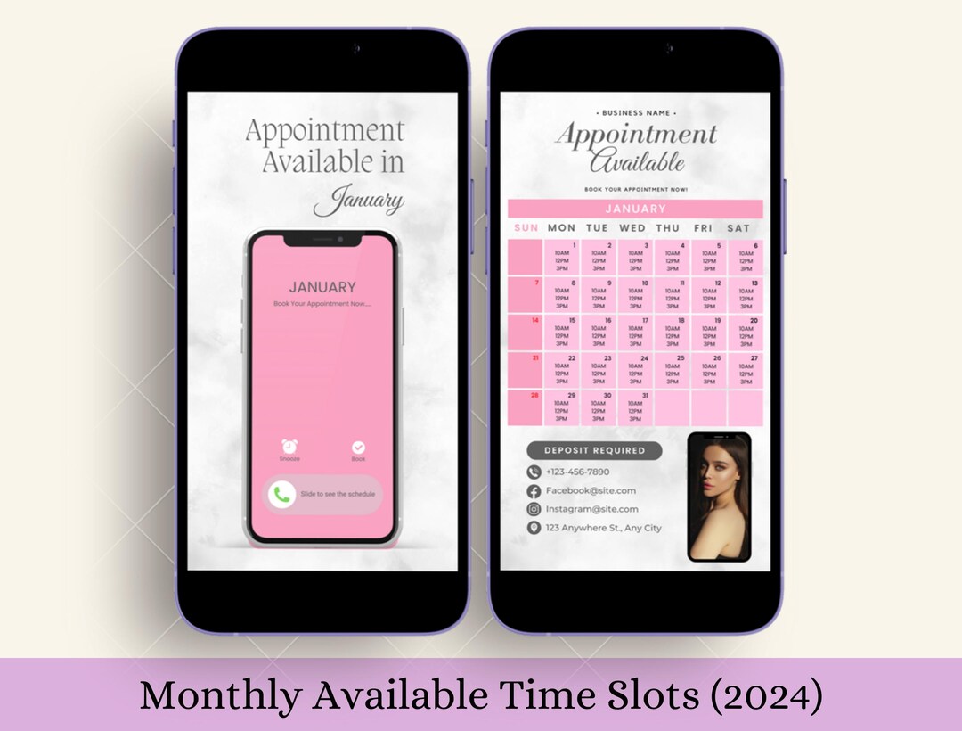 2024 Monthly Available Time Slot Pink Flyer Templates for Lash Nail ...