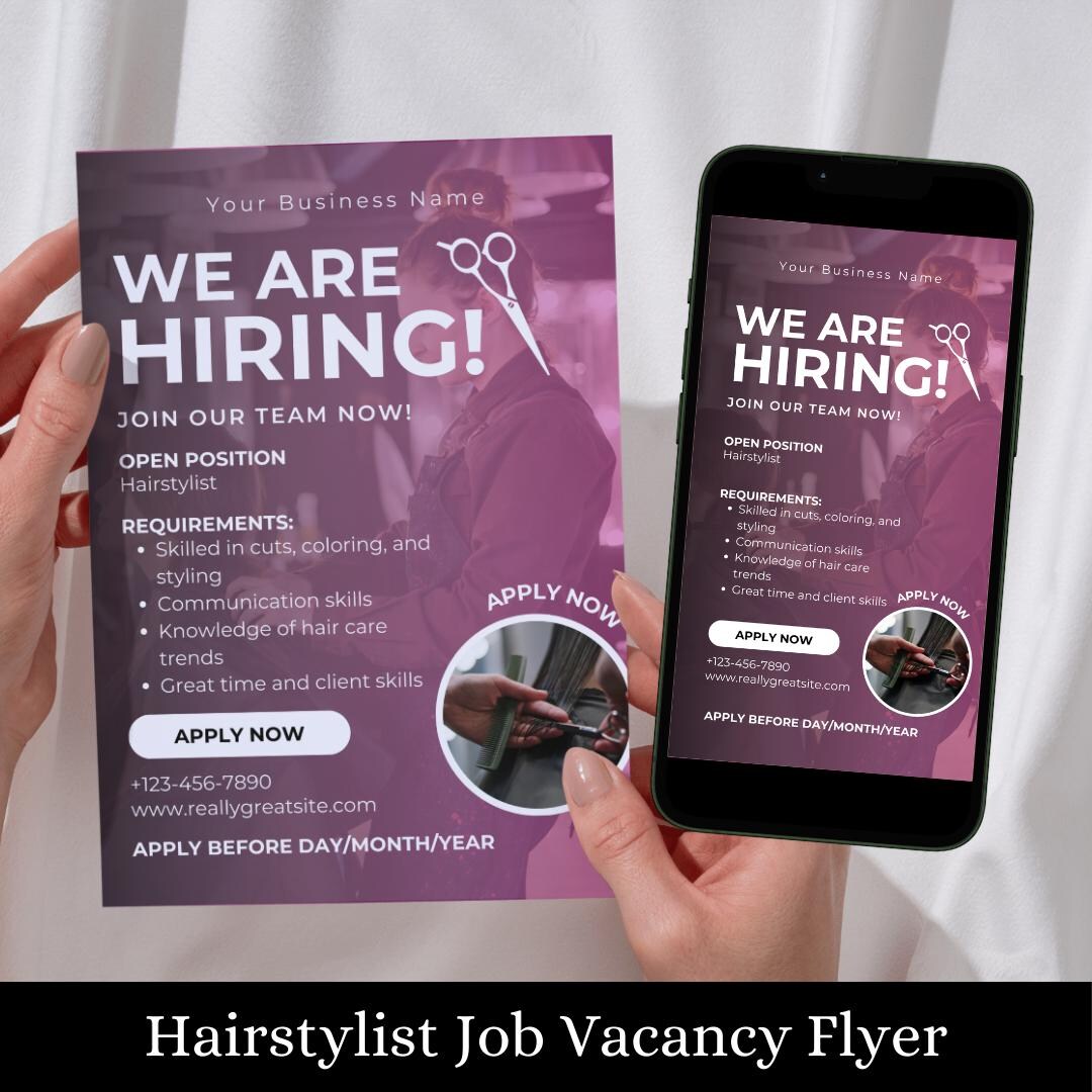 Hairstylist We Are Hiring Printable Flyer for Beautician Hair Salon Job ...