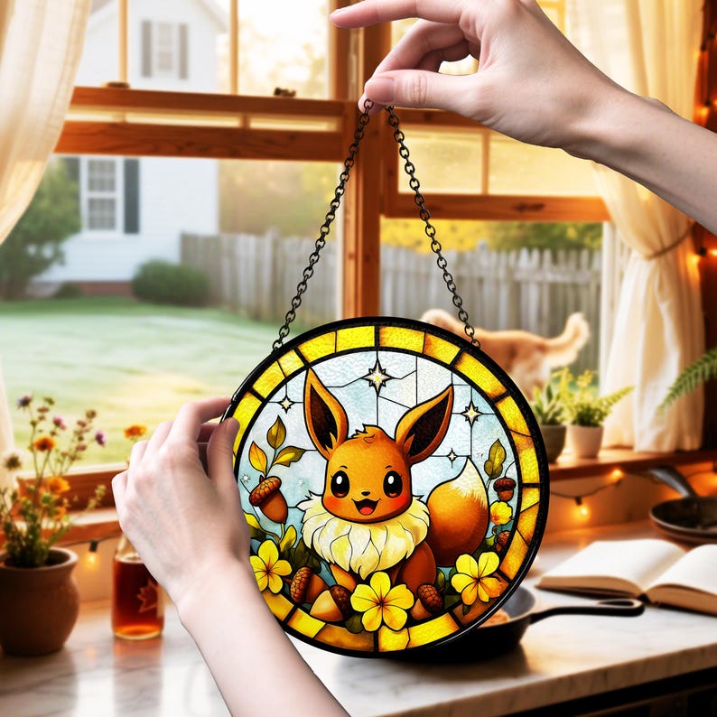 Eevee Stained Glass Suncatcher, Poké Autumn Window Hanging Decor ...