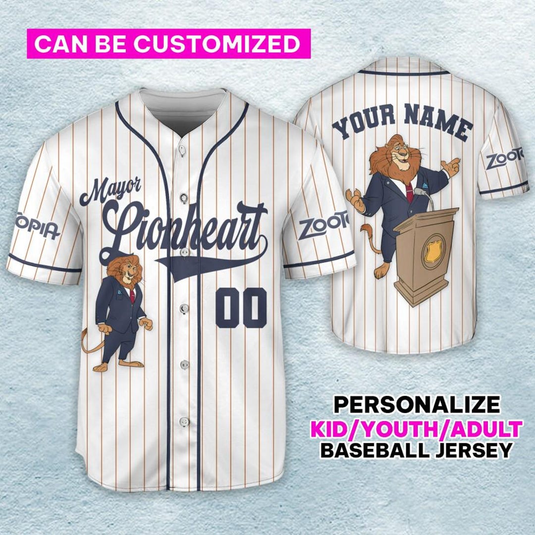 Custom Zootopia Mayor Lionheart Baseball Jersey, Disney Mayor Lionheart ...