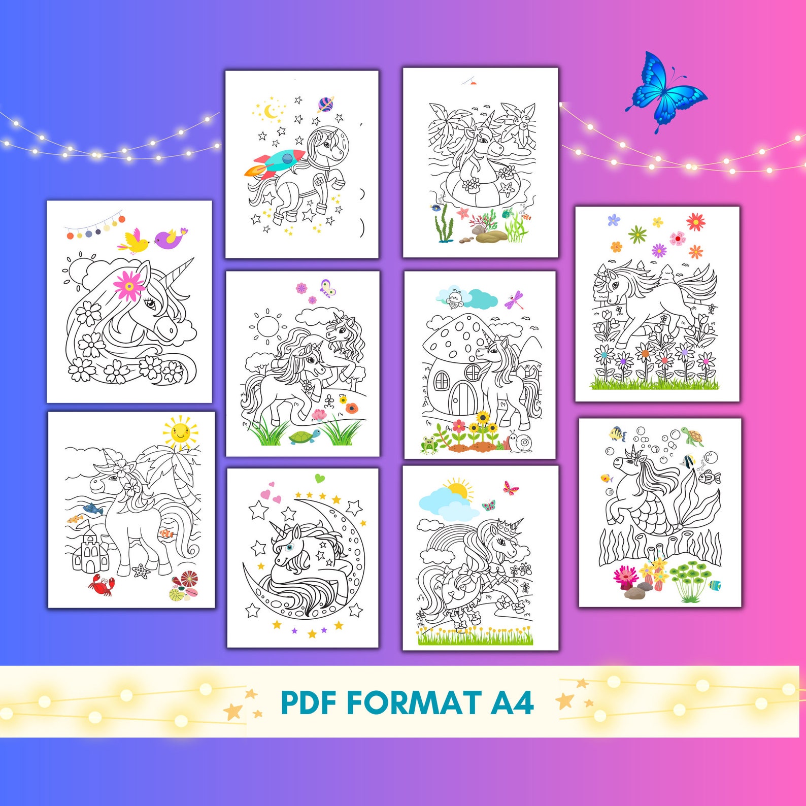 10 Unicorns Coloring Pages, Format A4, Printable Coloring Pages, Child ...