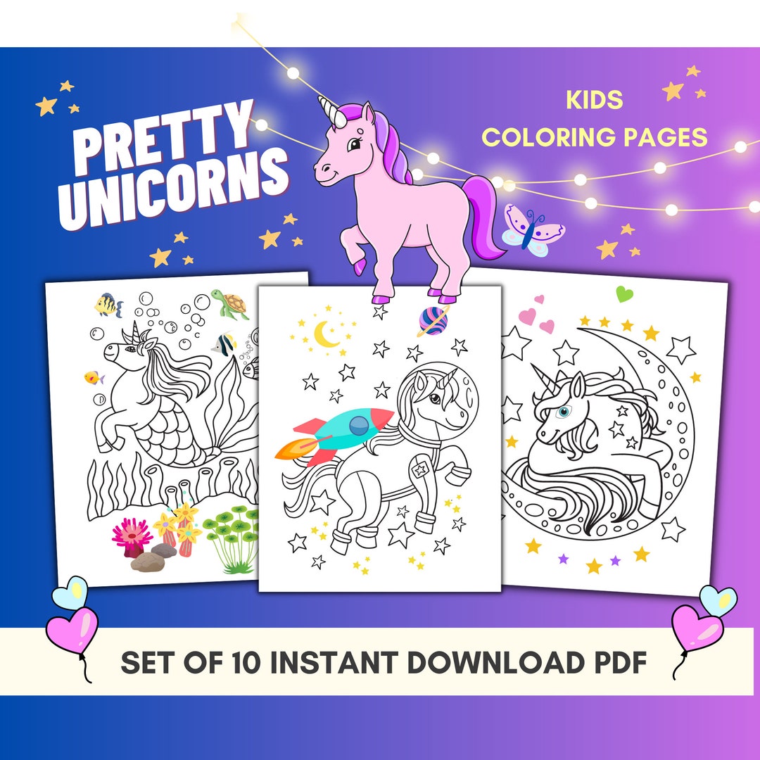 10 Unicorns Coloring Pages, Format A4, Printable Coloring Pages, Child ...