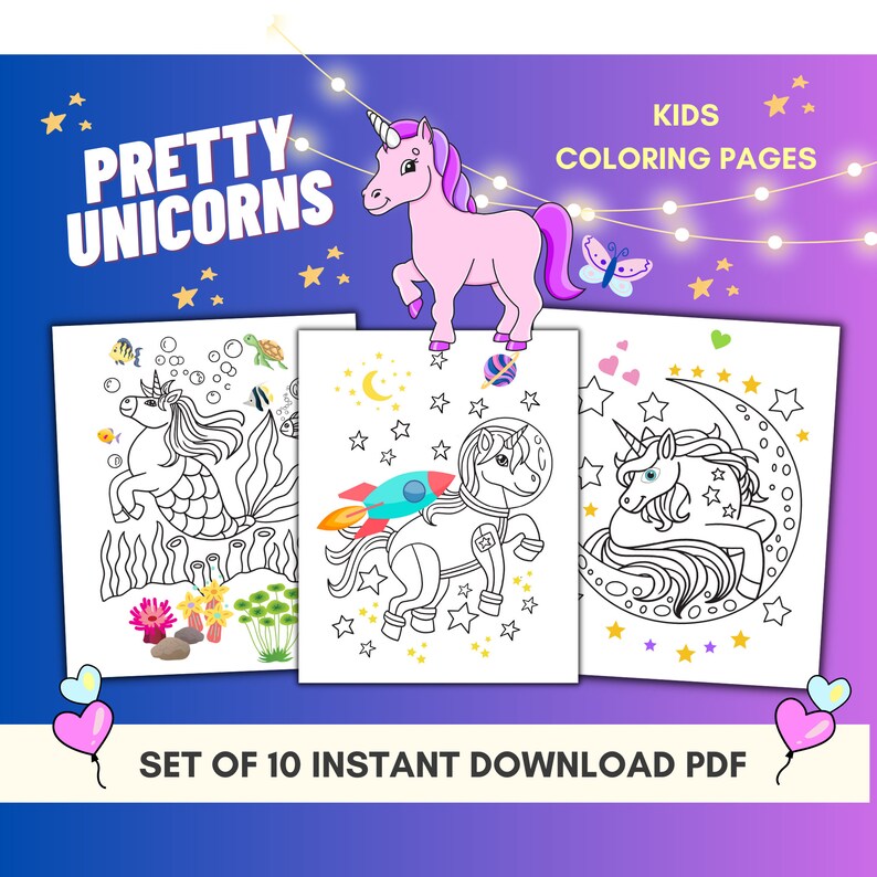 10 Unicorns Coloring Pages, Format A4, Printable Coloring Pages, Child ...
