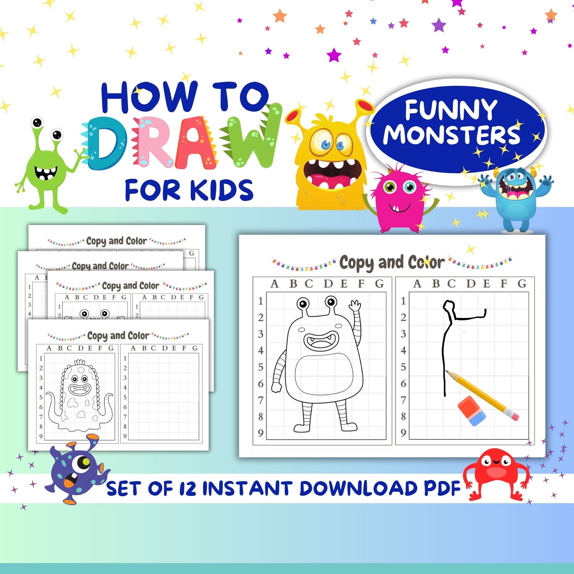 How to Draw Funny Monsters, Grid Method for Kids, Kids Activities ...