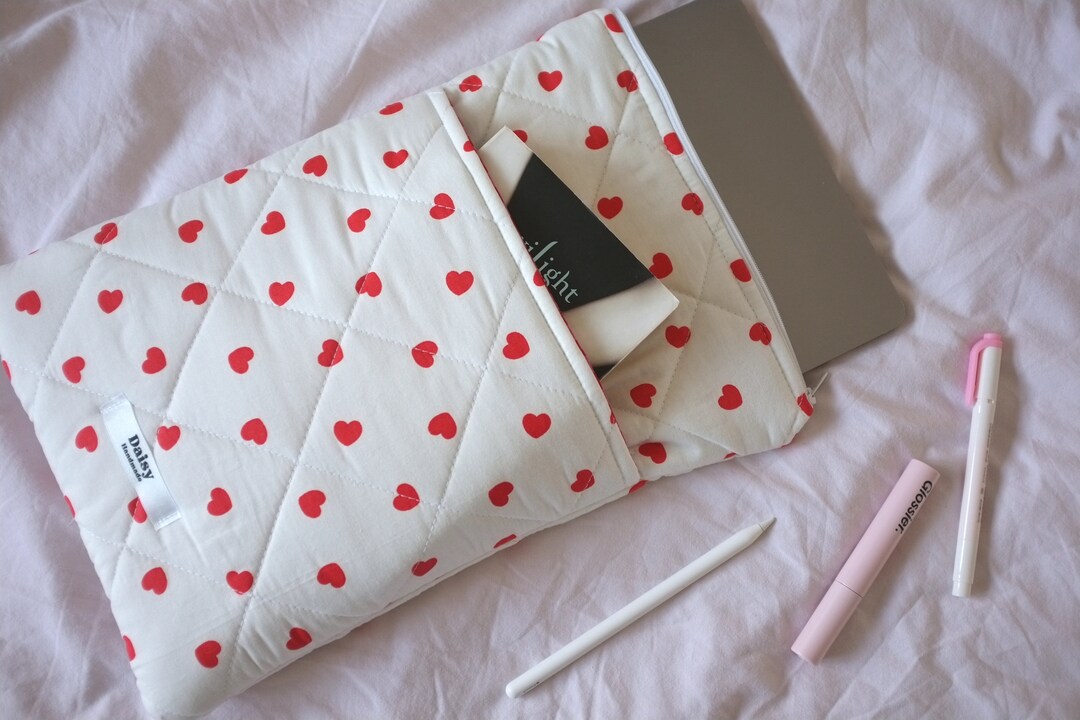 Quilted Laptop iPad Tablet Sleeve With Pocket in Heart Print and Red ...