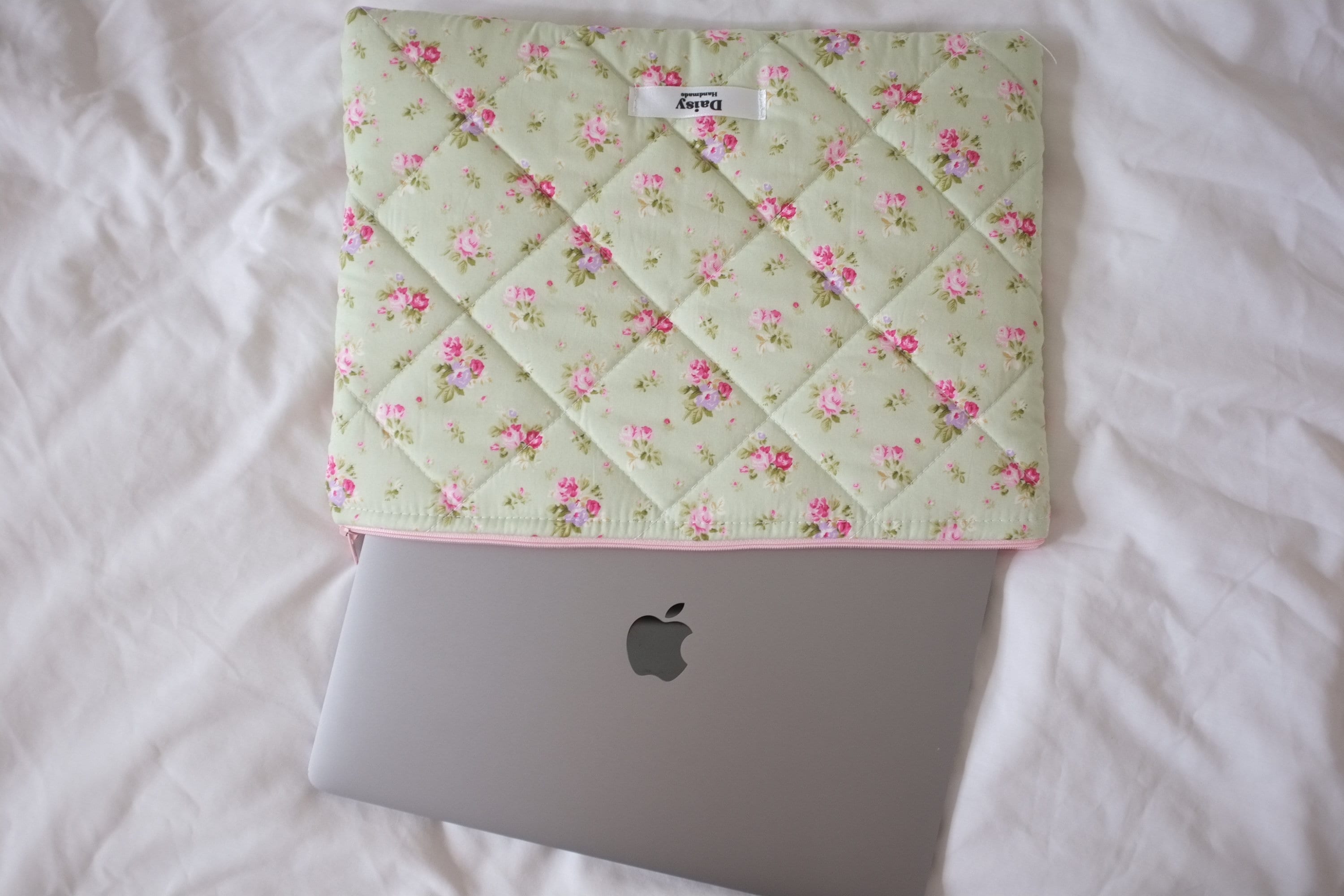 Quilted Laptop iPad Tablet Sleeve in Green and Pink Rose Floral With ...