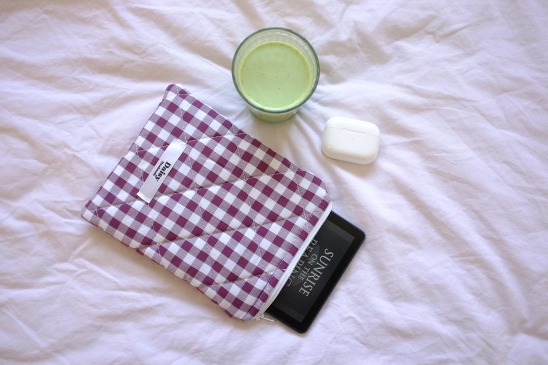 Quilted Kindle and Kobo E-reader Sleeve in Plum Gingham With Cream ...