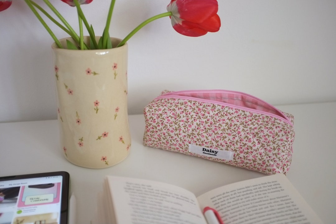 Quilted Pencil Case in Pink Rose With Pink Gingham Lining | Aesthetic ...