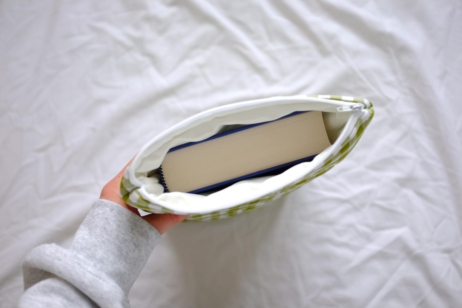 Quilted Book Sleeve With Zip in Olive Green Gingham Print With Cream ...