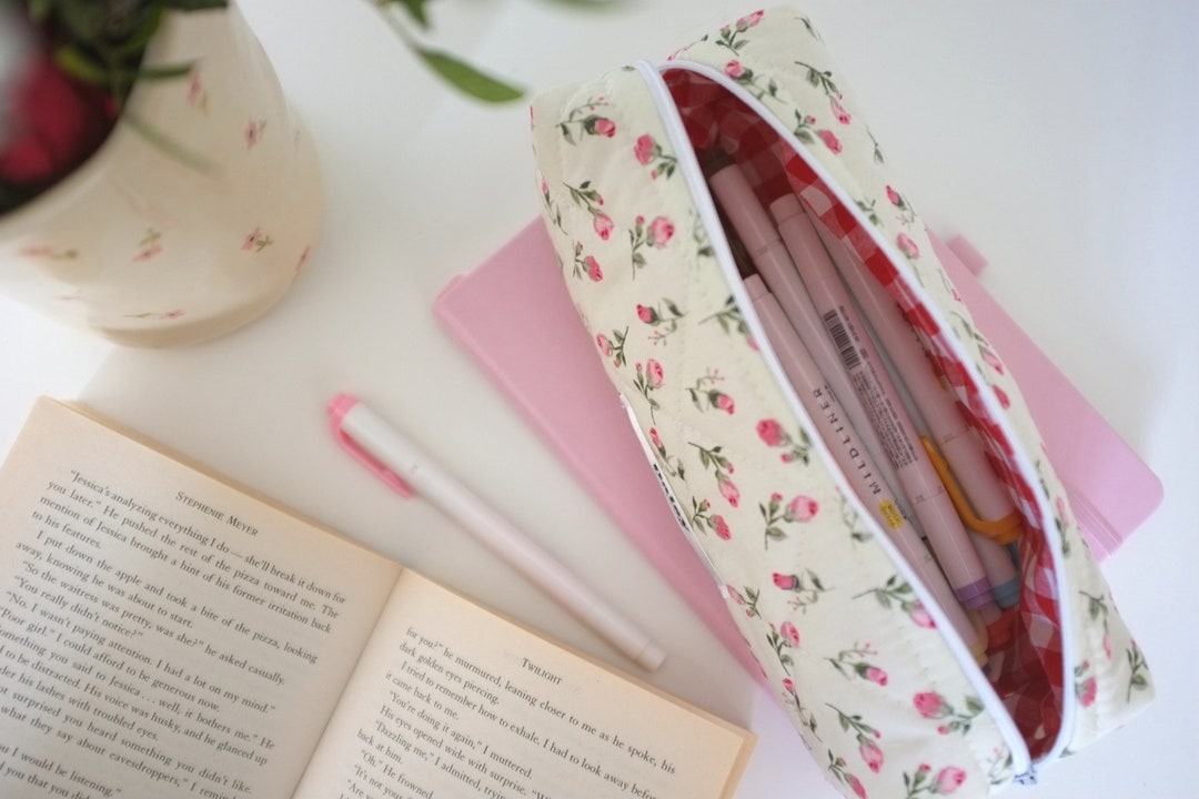 Quilted Pencil Case in Ivory Rose Print With Red Gingham Lining ...