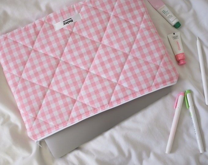 Quilted Laptop iPad Tablet MacBook Sleeve in Pink Gingham With Ivory ...