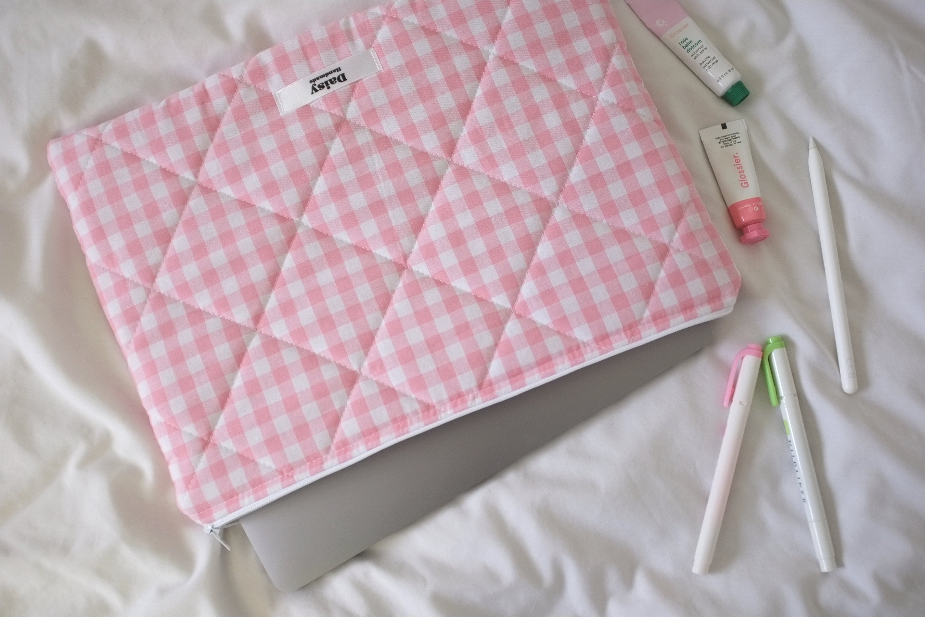 Quilted Laptop iPad Tablet MacBook Sleeve in Pink Gingham With Ivory ...