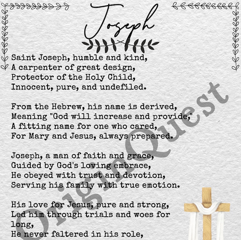 Printable Joseph Poem Name Poem Digital Poem Saint Joseph - Etsy