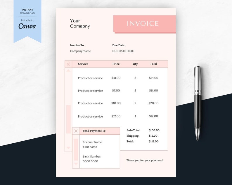 Invoice Template Editable, Small Business Custom Order Form Printable ...