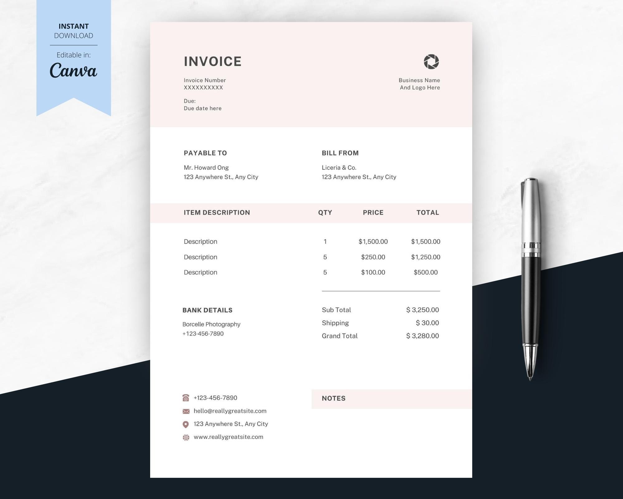 Invoice Template Editable, Small Business Custom Order Form Printable ...