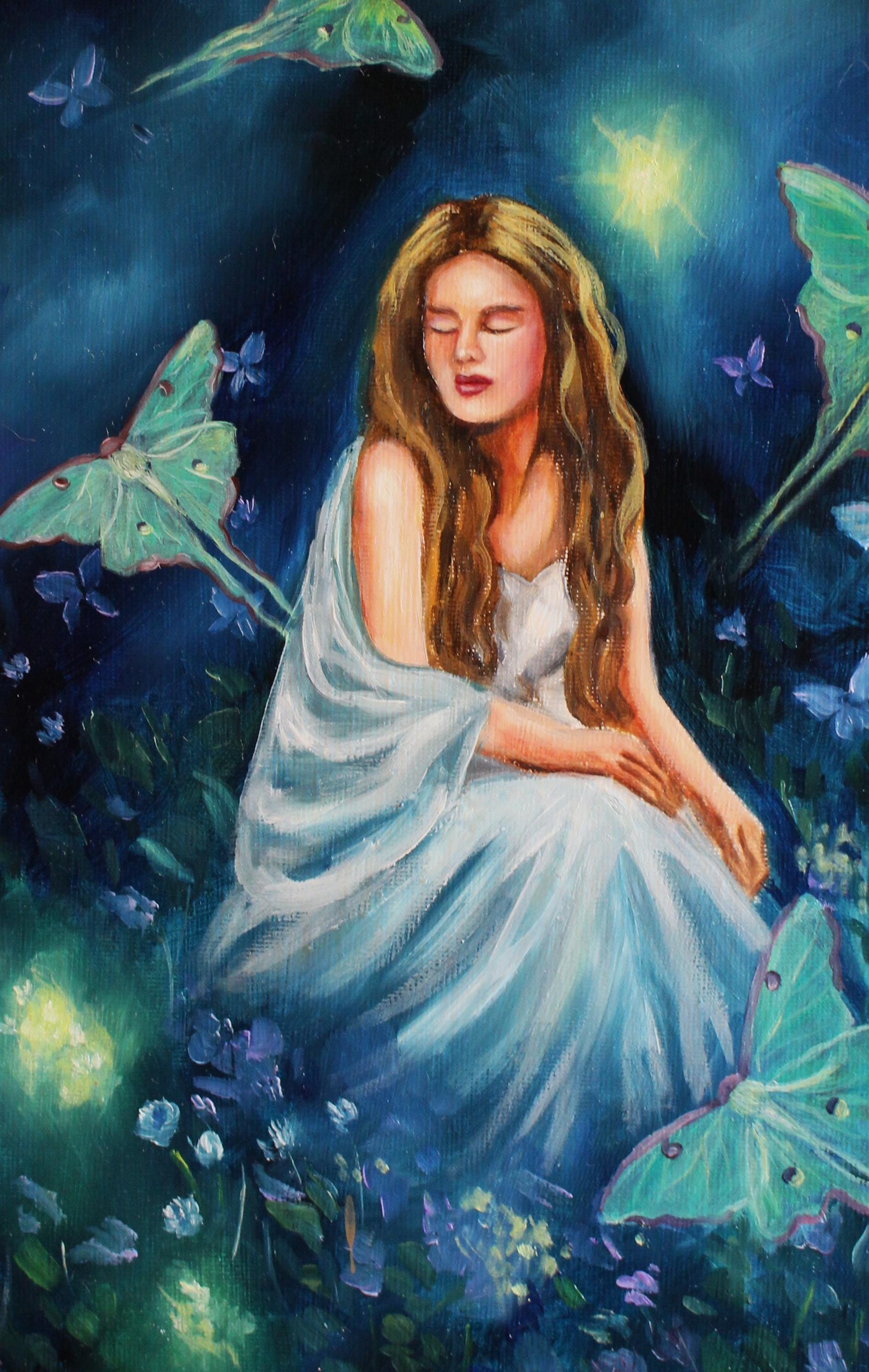 Original Oil Painting -moon Moth Painting-nymph Painting Nymph and ...