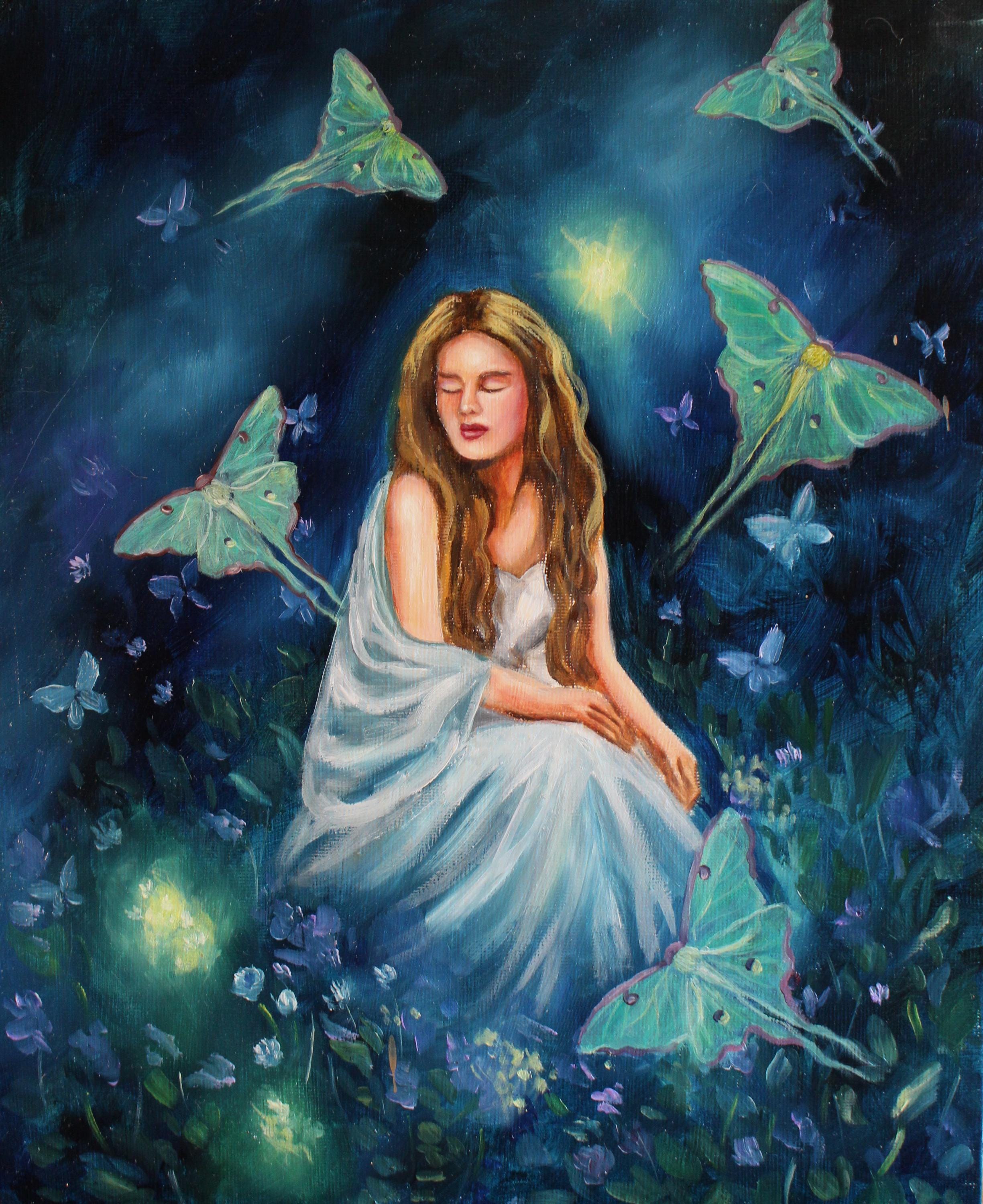 Original Oil Painting -moon Moth Painting-nymph Painting Nymph and ...