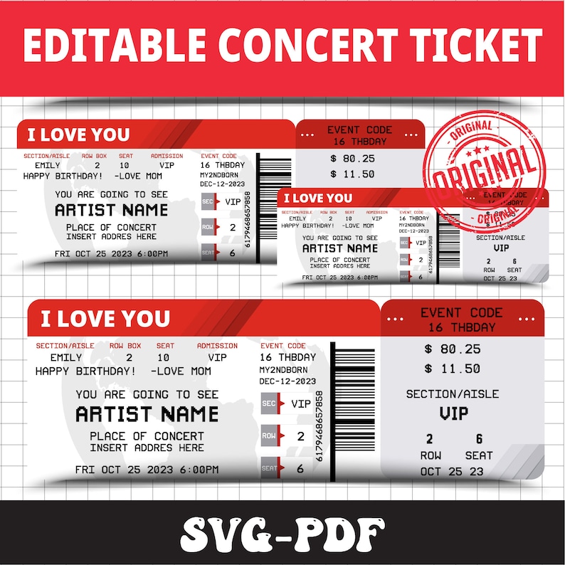 Editable Concert Ticket, Concert Ticket Template, Surprise Ticket Stub, Birthday Gift, Printable ...