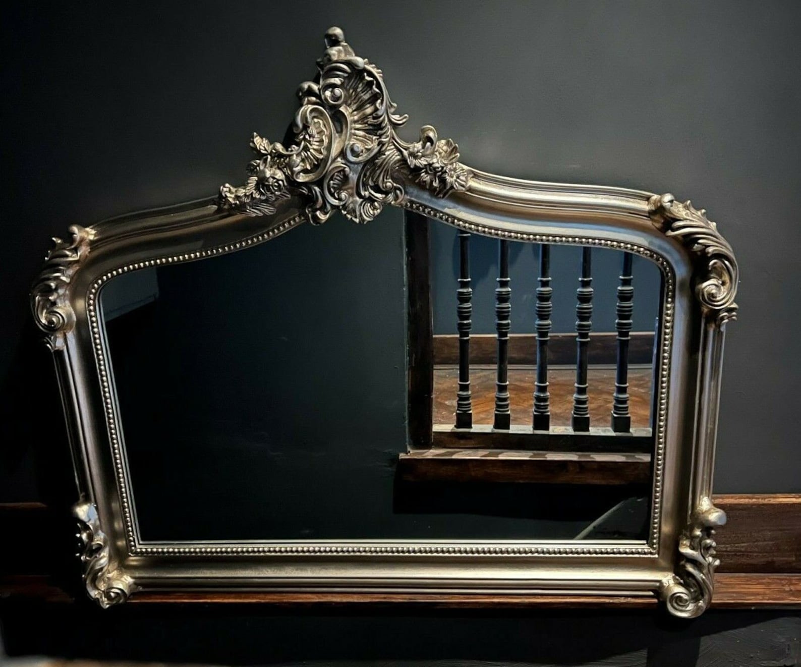 Antique Silver Leaf Over Mantle Mirror Swept Scroll Arch Ornate French ...