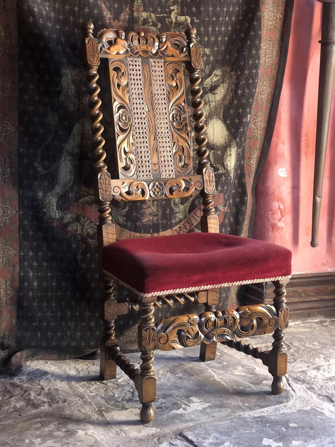 Antique Oak Hall Carved Cain Ornate Period Red Throne Chair Circa 1800 ...