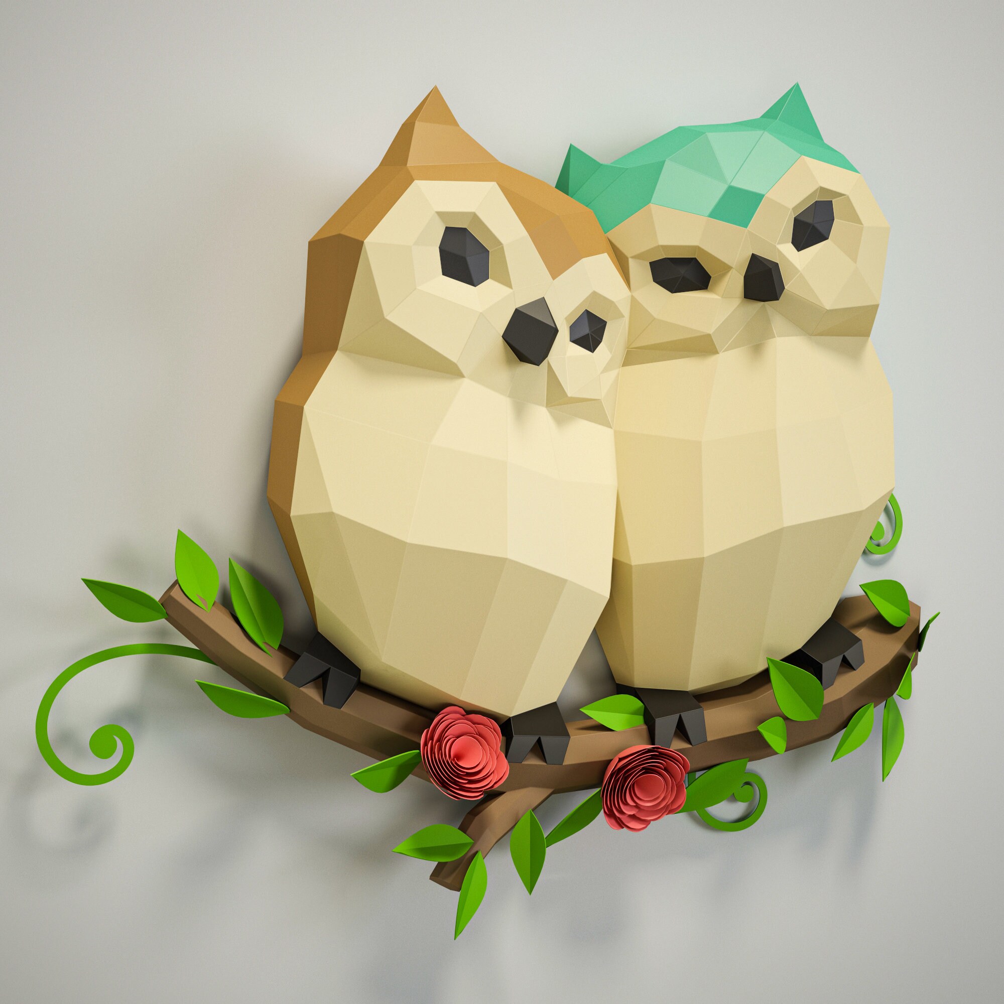 Papercraft Owls SVG DXF PDF Template, Paper Craft Owls on a Branch, Low ...