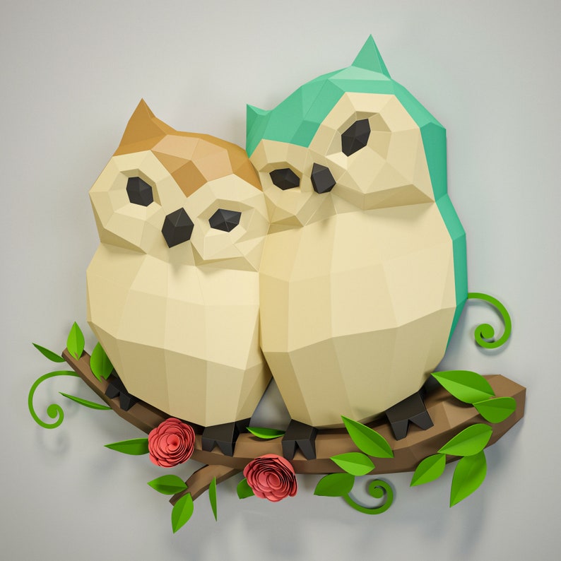 Papercraft Owls SVG DXF PDF Template, Paper Craft Owls on a Branch, Low ...