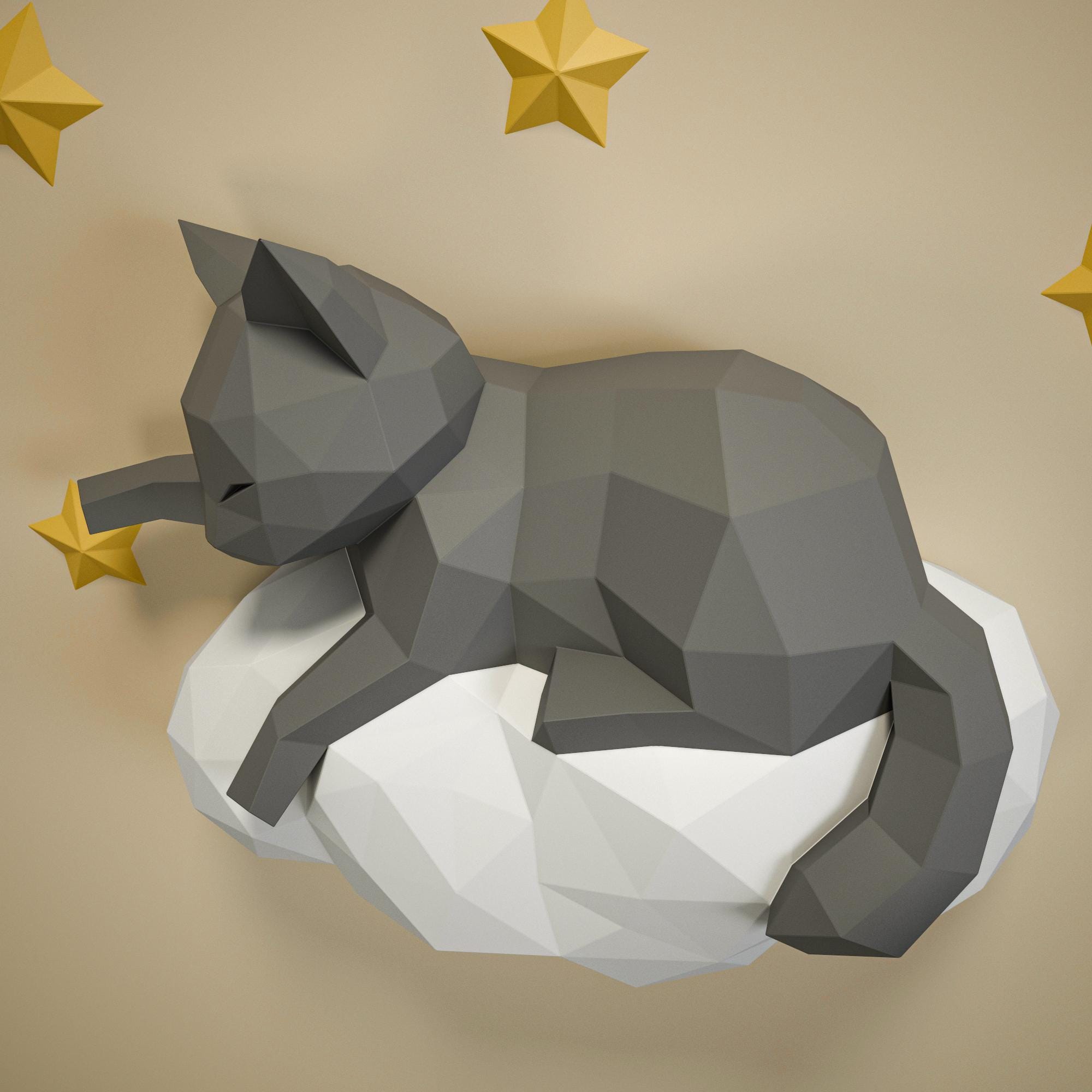 Papercraft Cat on a Cloud Template | 3D Paper Craft Cat SVG + DXF + PDF ...