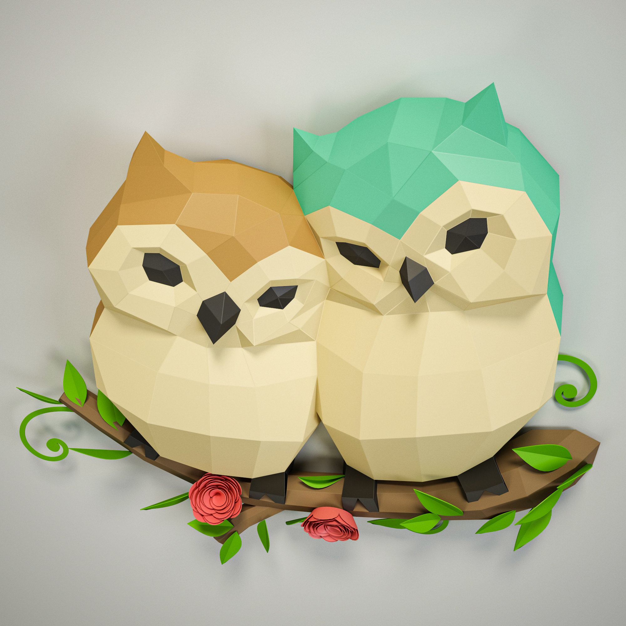 Papercraft Owls SVG DXF PDF Template, Paper Craft Owls on a Branch, Low ...