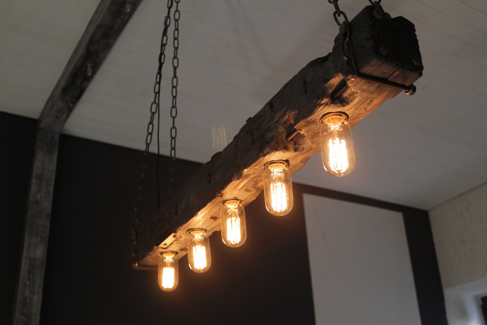 Industrial Wood Beam Ceiling Light – Reclaimed Pine, Rustic Loft ...