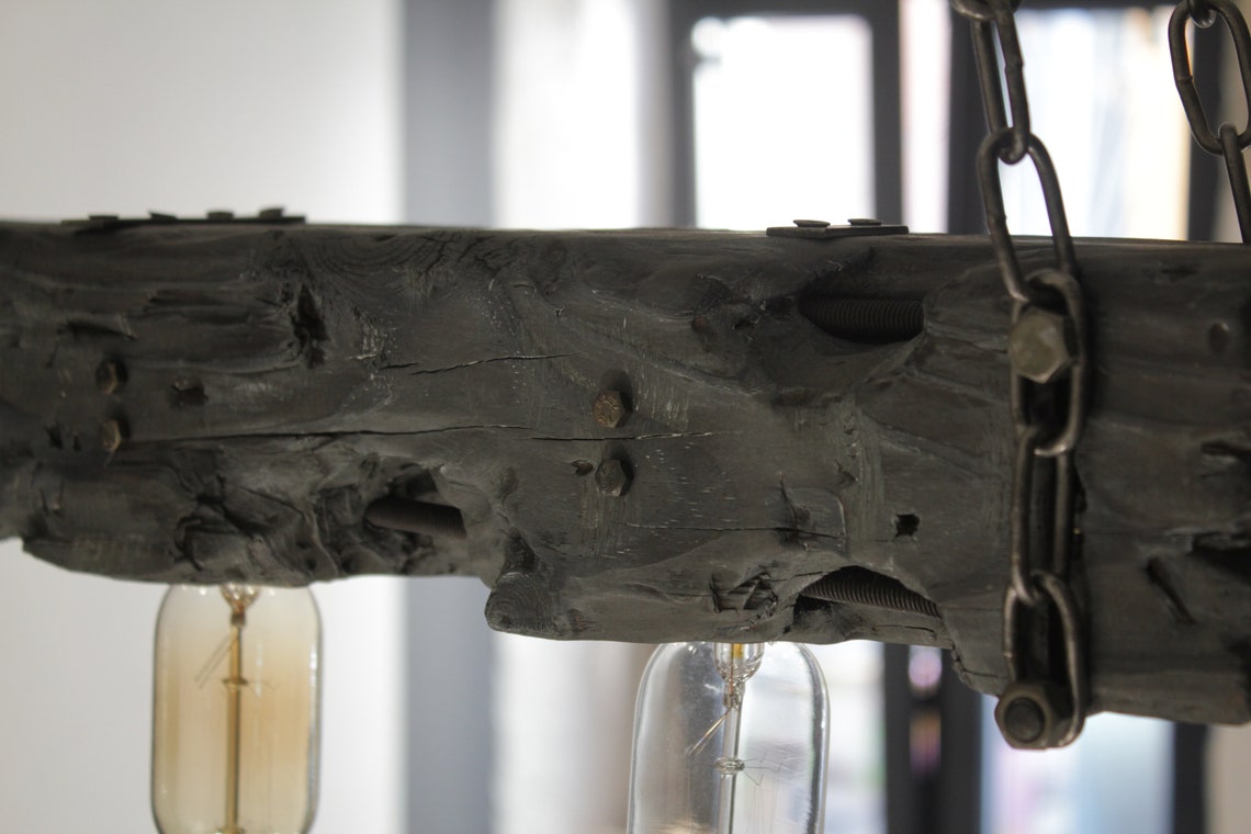 Industrial Wood Beam Ceiling Light – Reclaimed Pine, Rustic Loft ...