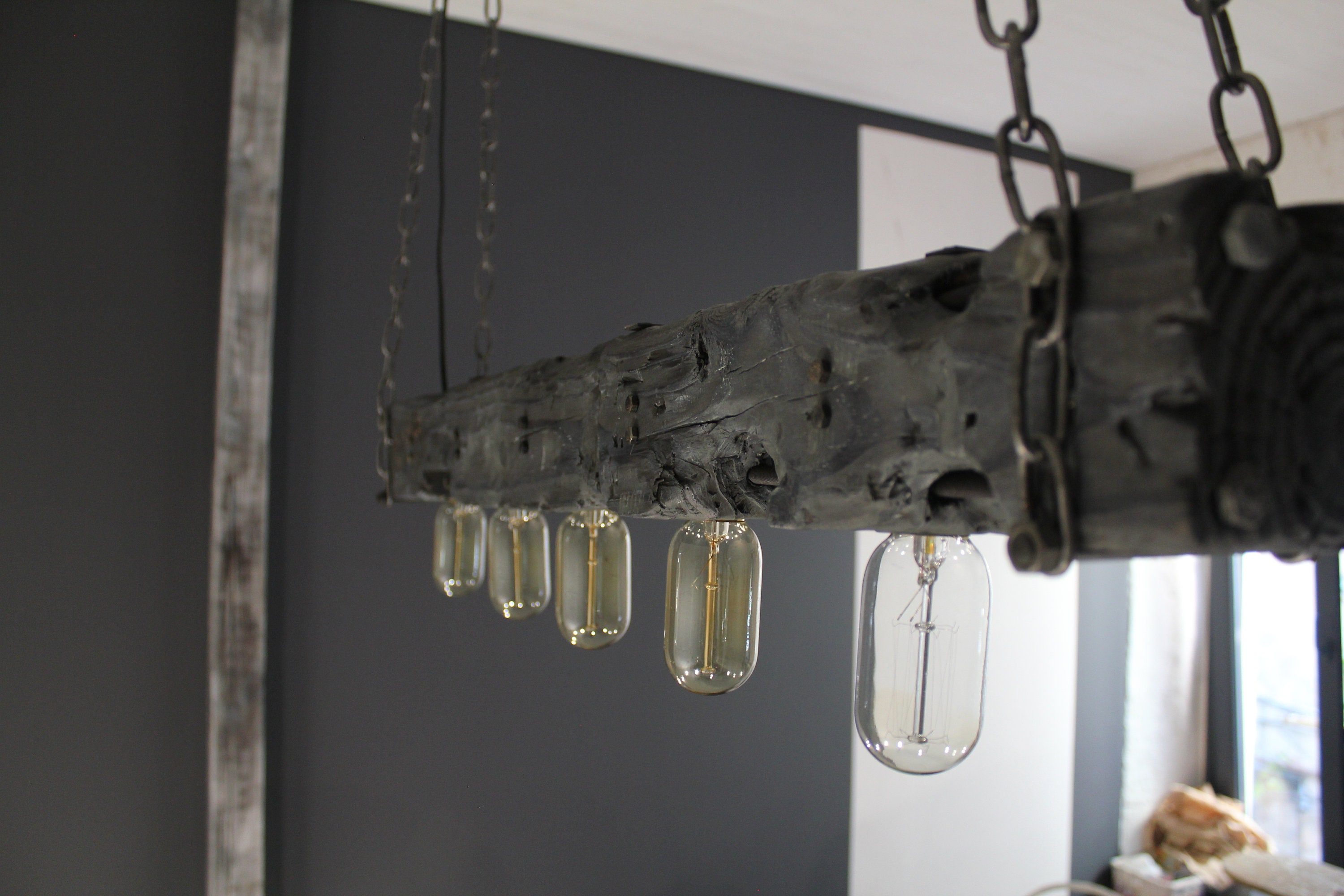 Industrial Wood Beam Ceiling Light – Reclaimed Pine, Rustic Loft ...