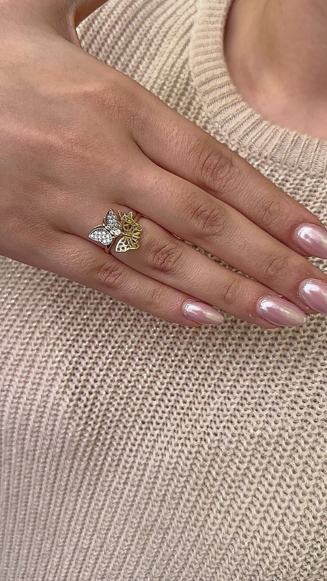 14k Gold Double Butterfly Ring, Two Butterfly Gold Rings, Layered ...