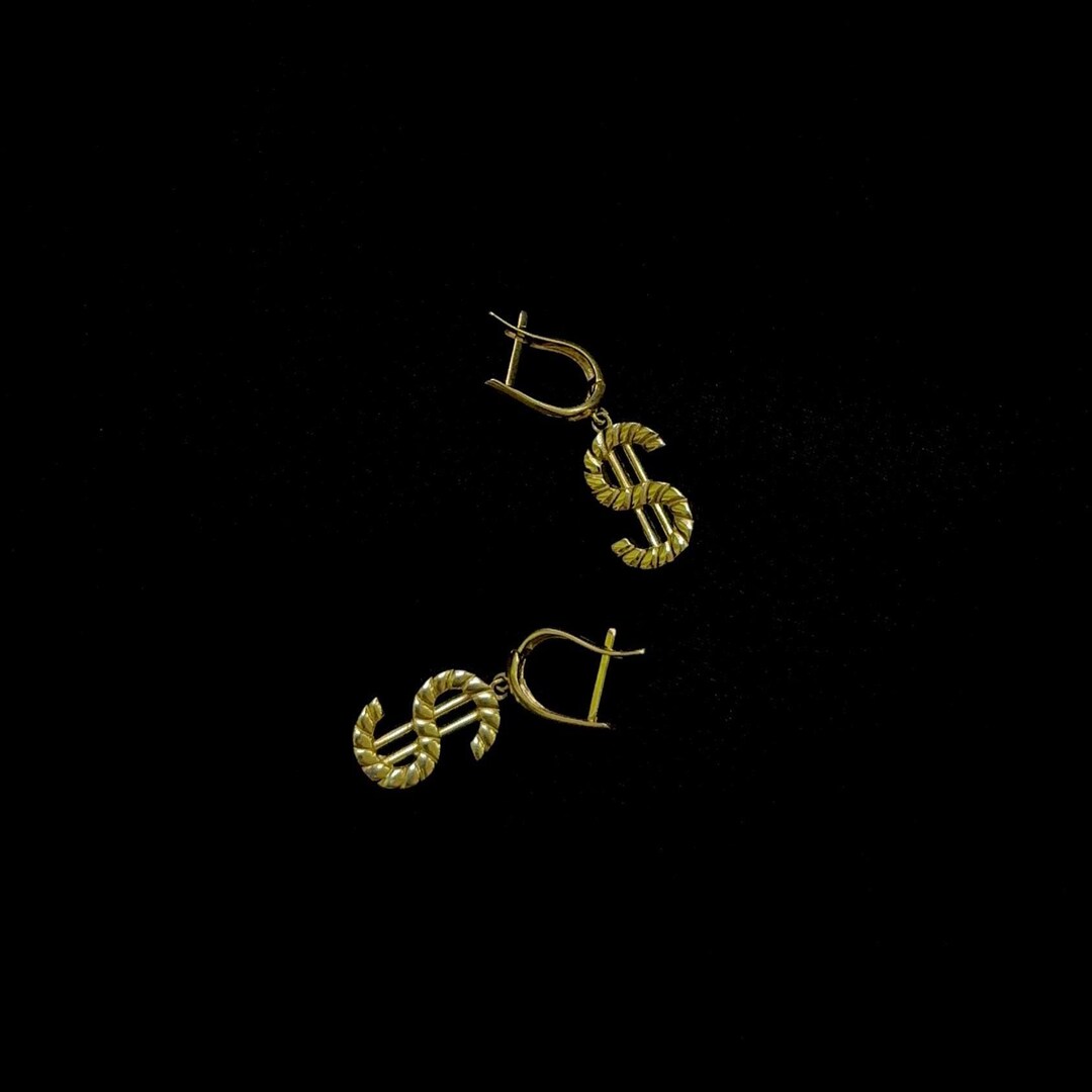 14K Solid Gold Dollar Sign Earrings, Gold Money Symbol Stud Earring ...