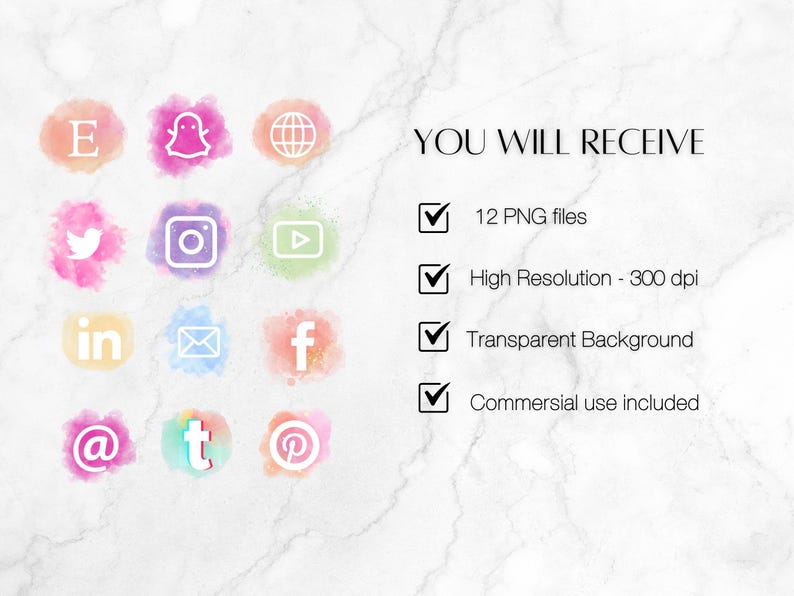 Watercolor Social Media Icons: Branding Buttons Bundle (PNG) - Etsy
