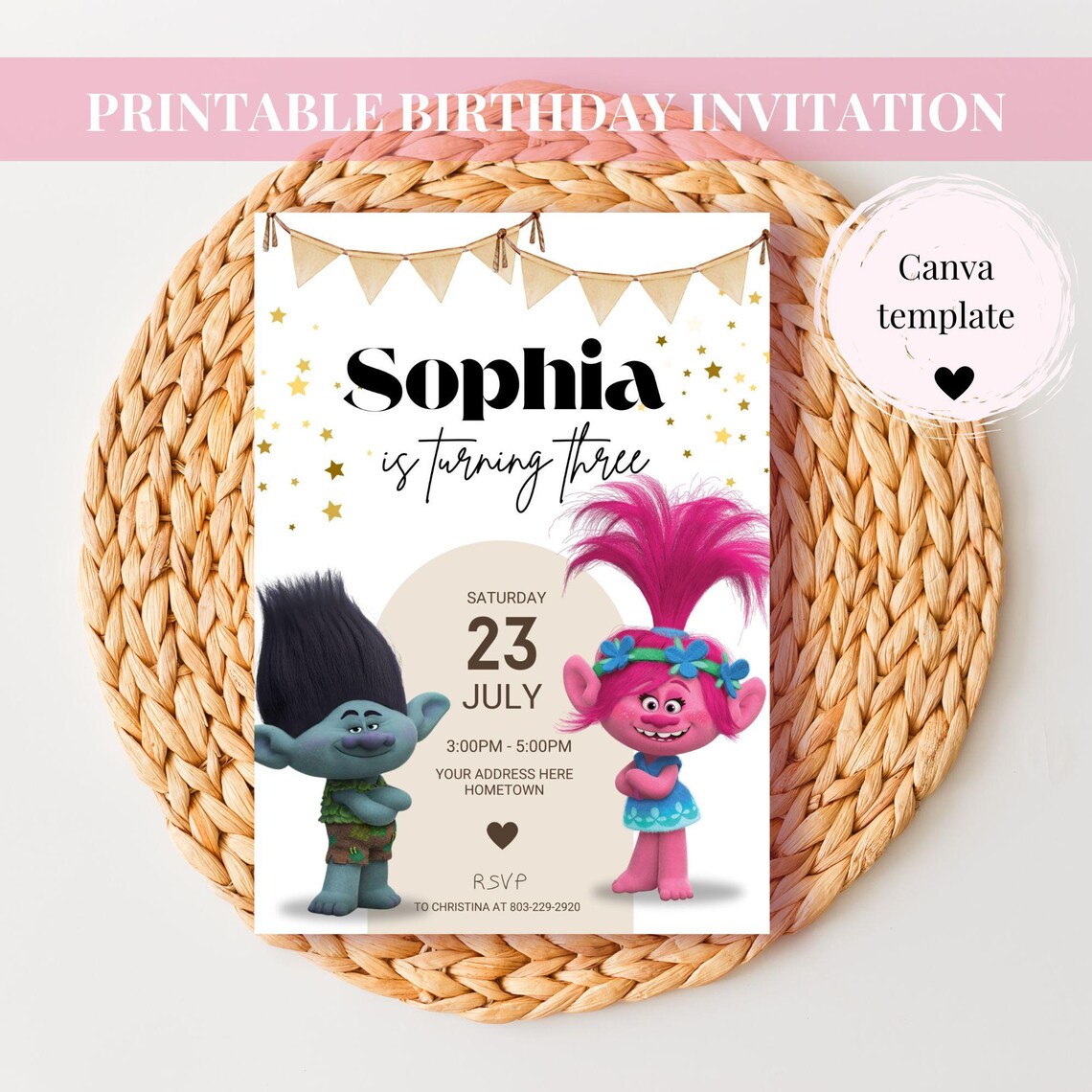 Modern Trolls Birthday Invitation for Boys and Girls Digital Poppy ...