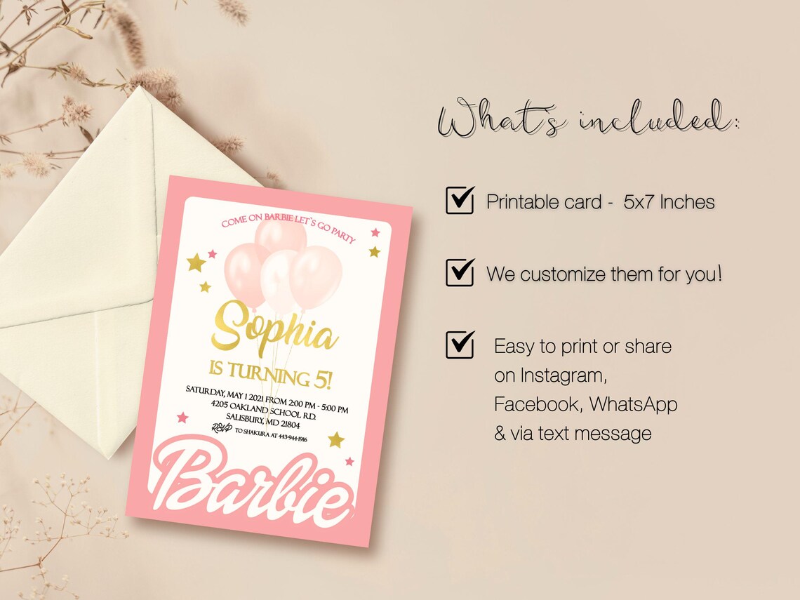 Pink Doll Birthday Invitation: Gold Balloons Party (JPEG File) - Etsy