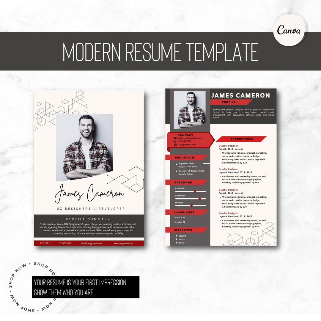 Modern Black and Red Resume Template for Men (canva Editable) - Etsy