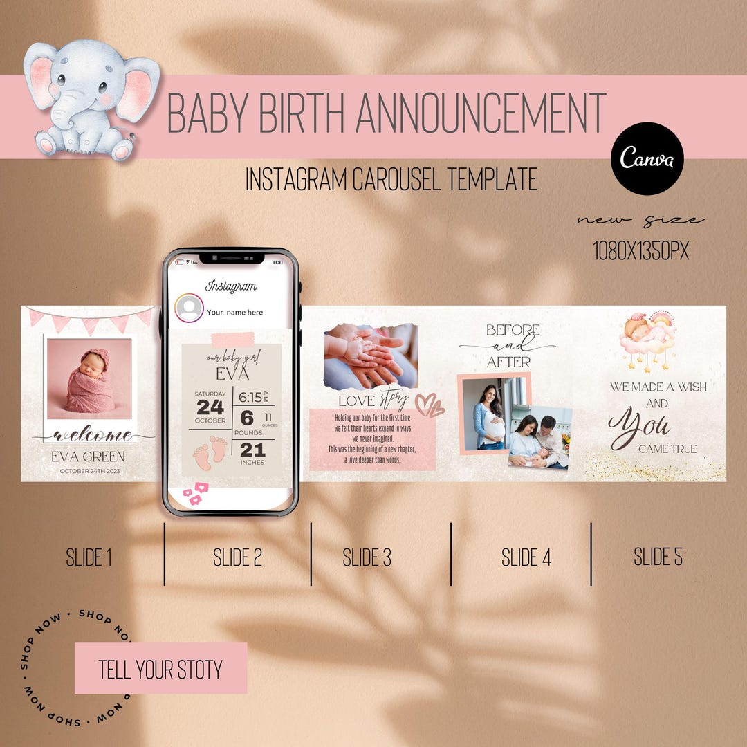Baby Girl Birth Announcement Instagram Carousel: Editable Canva ...