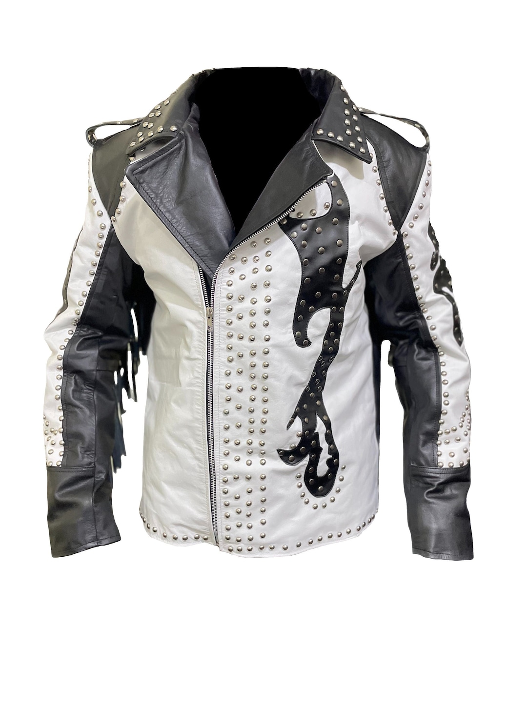 Men's Black White Genuine Leather Fringe Jacket Western Streetwear Rock ...