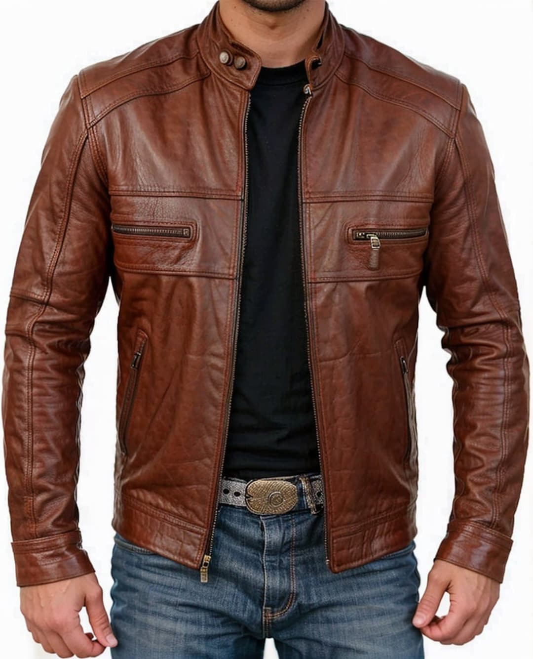 Men's Leather Biker Jacket, Classic Distressed Waxed Brown Motorcycle ...