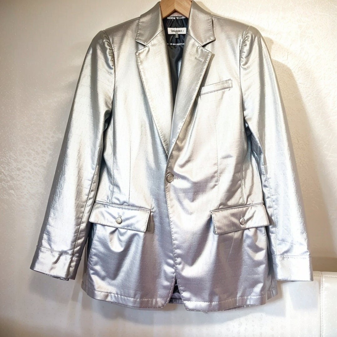 Metallic Luxury Formal Party Night Style Faux Leather Silver Blazer ...