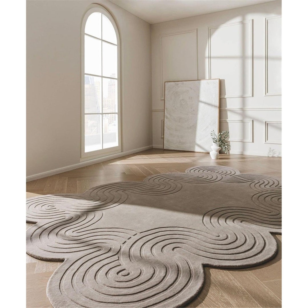 Irregular Shape Handmade Area Rug, Beige Custom Hand-tufted Wool Rug ...