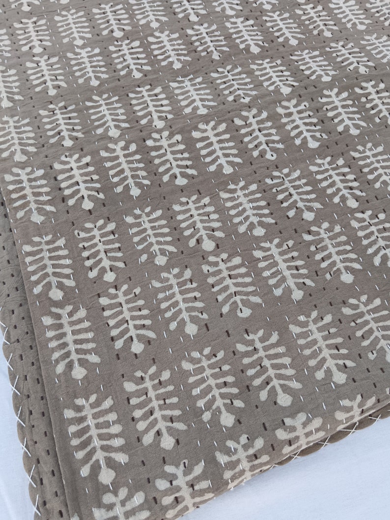 Hand-stitched Kantha Quilt: Floral Block Print Cotton Quilt Bedspread ...